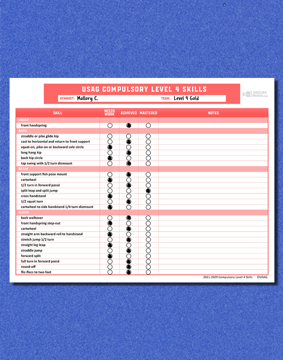 Level 4 Skill Tracker Template – Sideline Prints