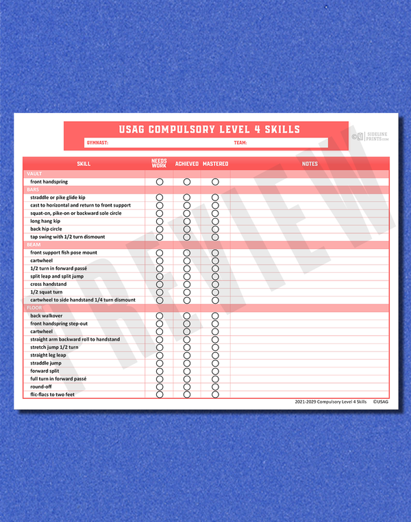 Level 4 Skill Tracker Template – Sideline Prints